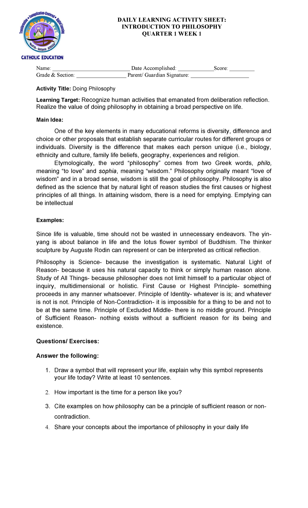 Introduction to Philosophy Activity Sheets: Quarter 1 & 2 Insights ...