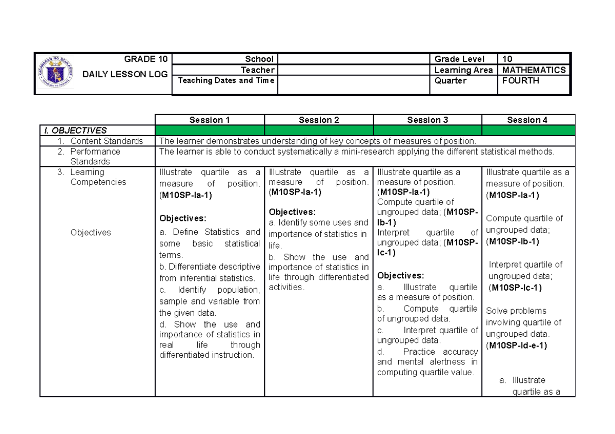 G10 MATHEMATICS Daily Lesson Log: Fourth Quarter Overview - Studocu