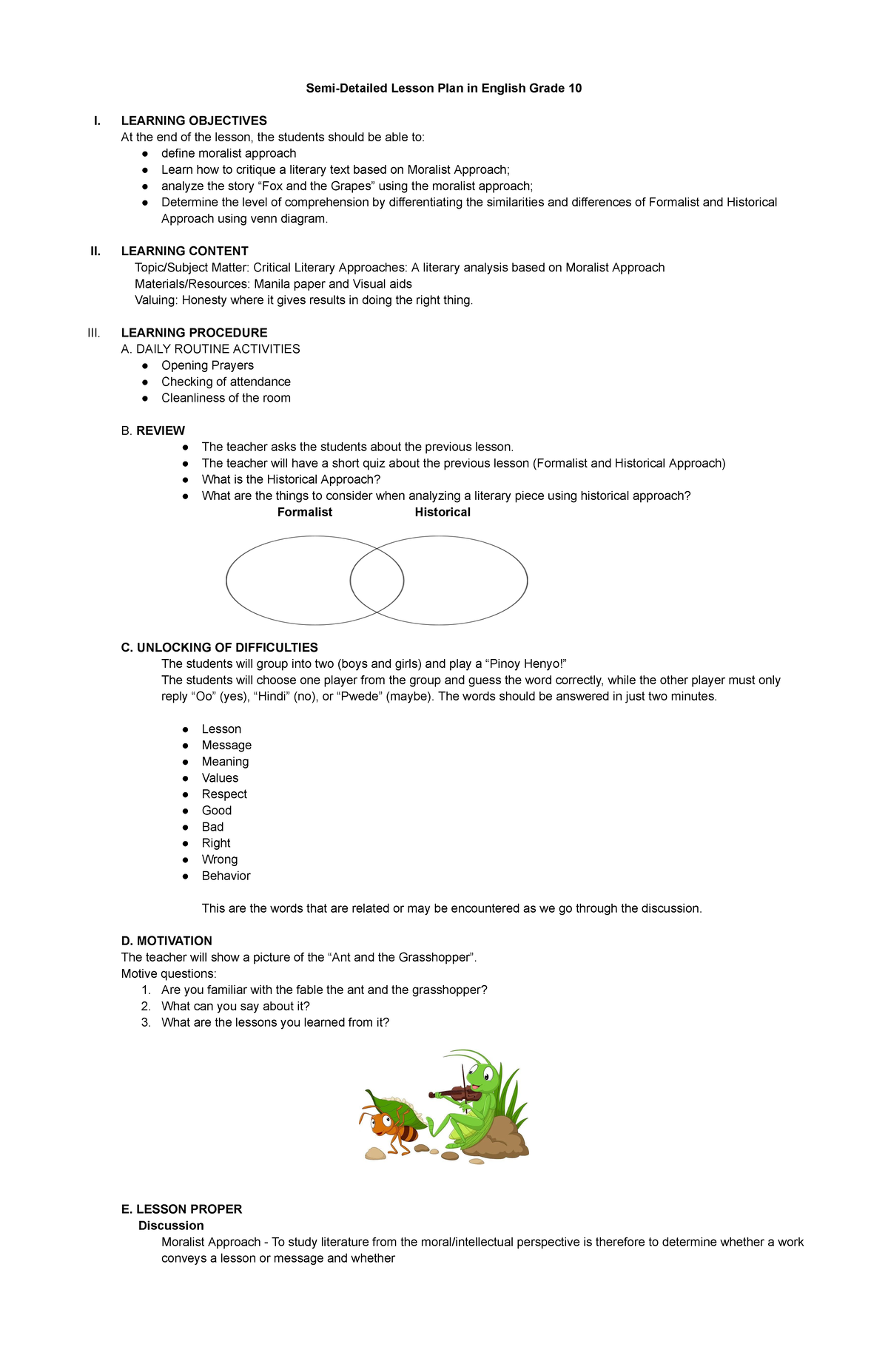 English 10 - Semi-Detailed Lesson Plan on Moralist Approach - Studocu