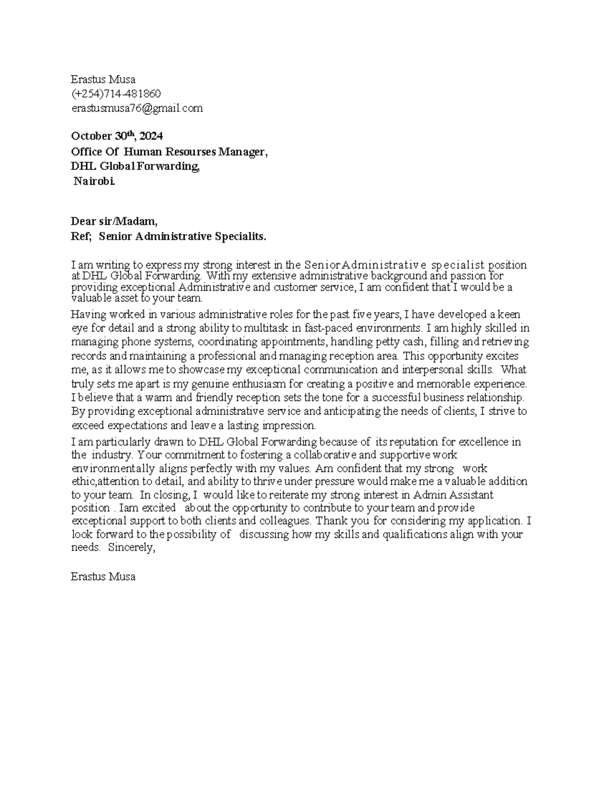 Erastus Musa DHL Cover Letter - Erastus Musa (+254)714- erastusmusa76 ...