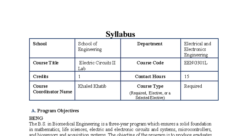 EENG301L Electric Circuits II Lab Syllabus - Fall 2025 - Studocu