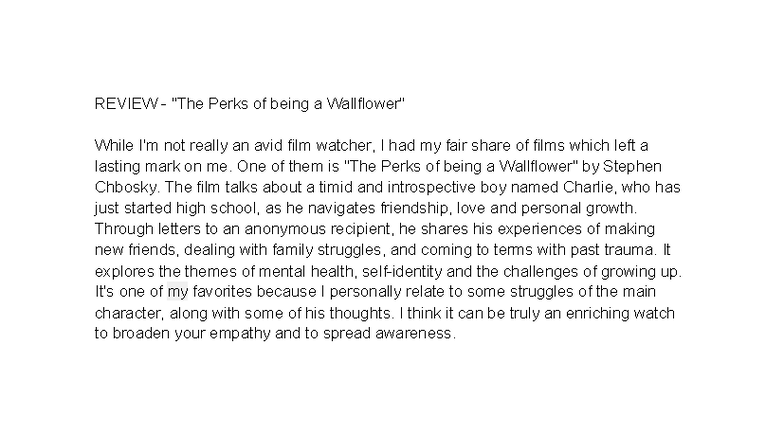 REVIEW: The Perks of Being a Wallflower - A Personal Reflection - Studocu