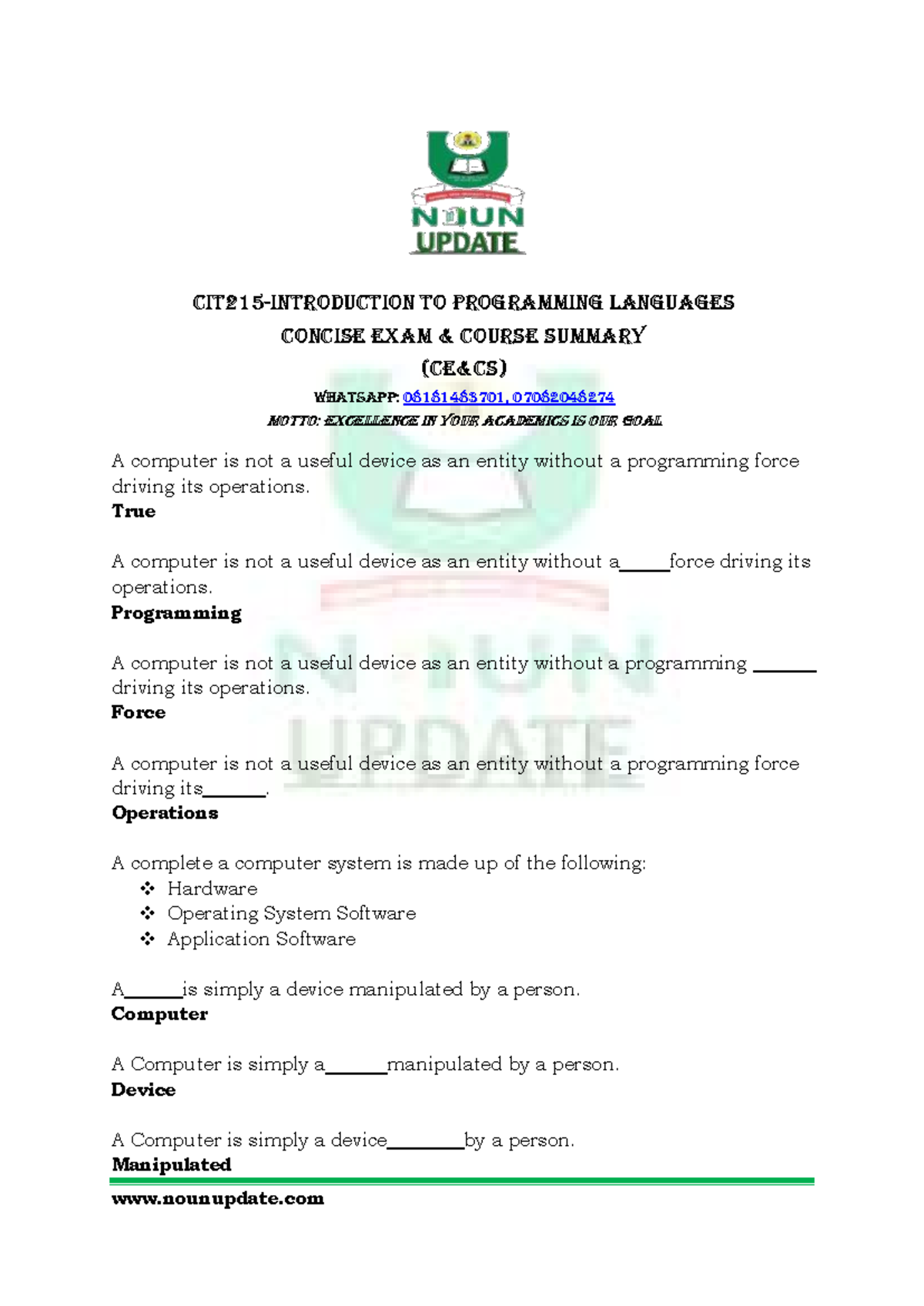 CIT215 CE&CS - Concise Summary of Programming Languages for Exam - Studocu
