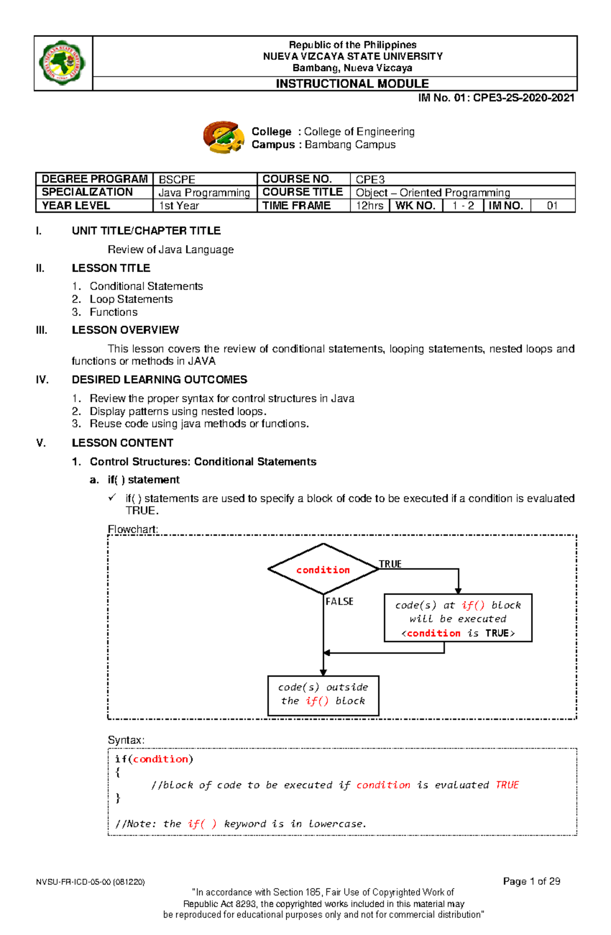 Module 01 Review of Java Language Control Structures - NUEVA VIZCAYA STATE UNIVERSITY Bambang ...