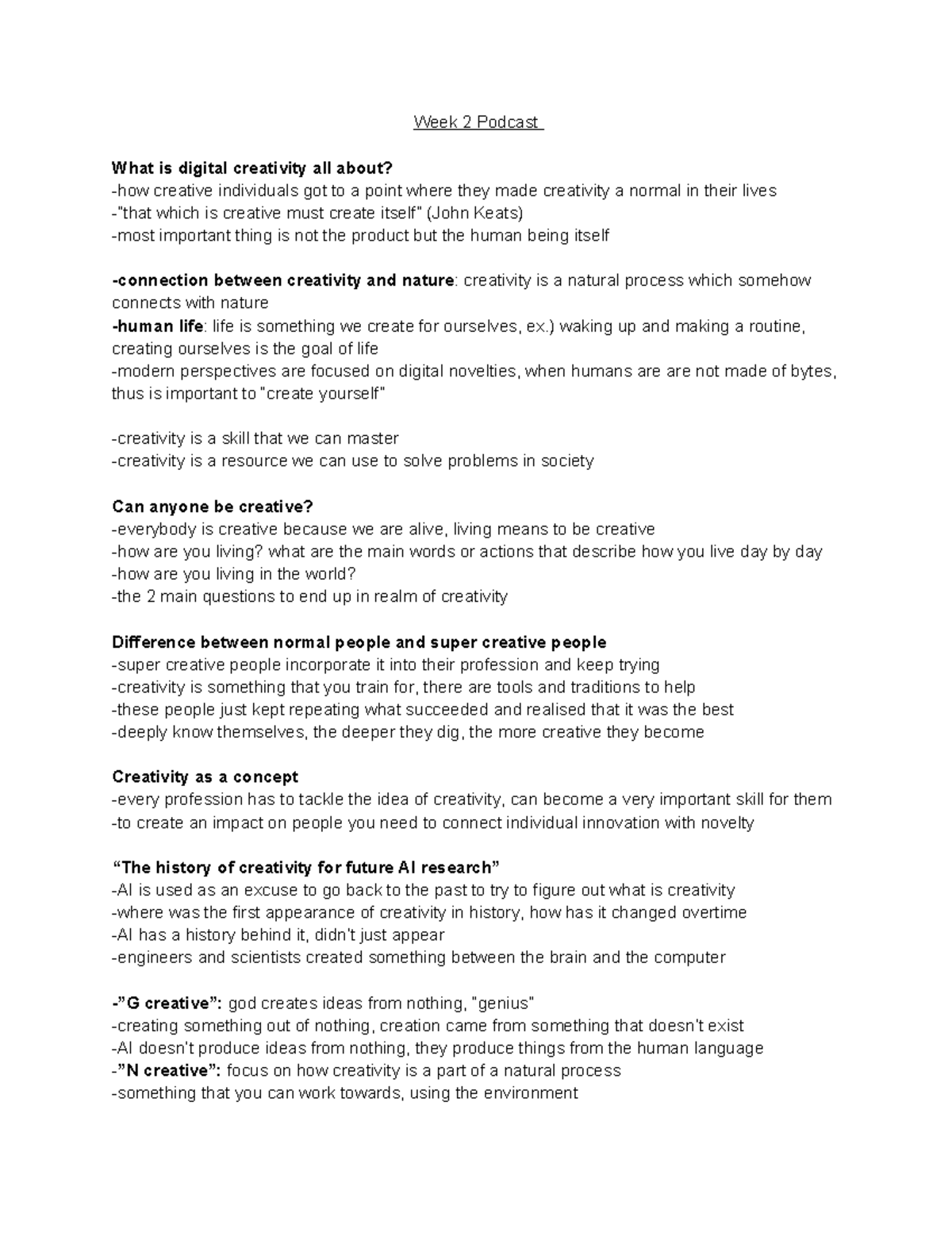 DH2120F - Week 2 Podcast Notes on Digital Creativity Insights - Studocu