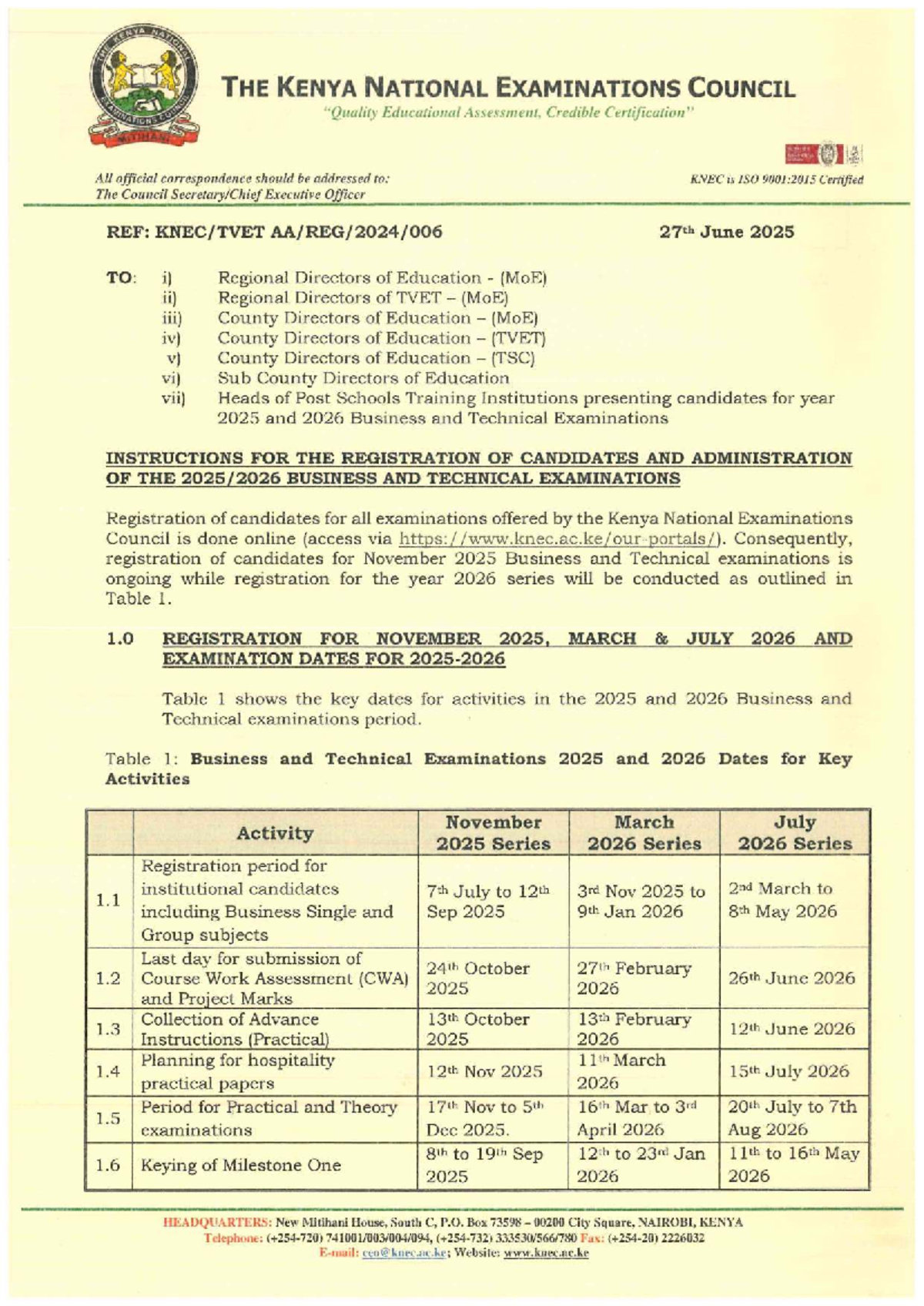 KNEC Circular: Registration Guidelines for Business & Technical Exams ...