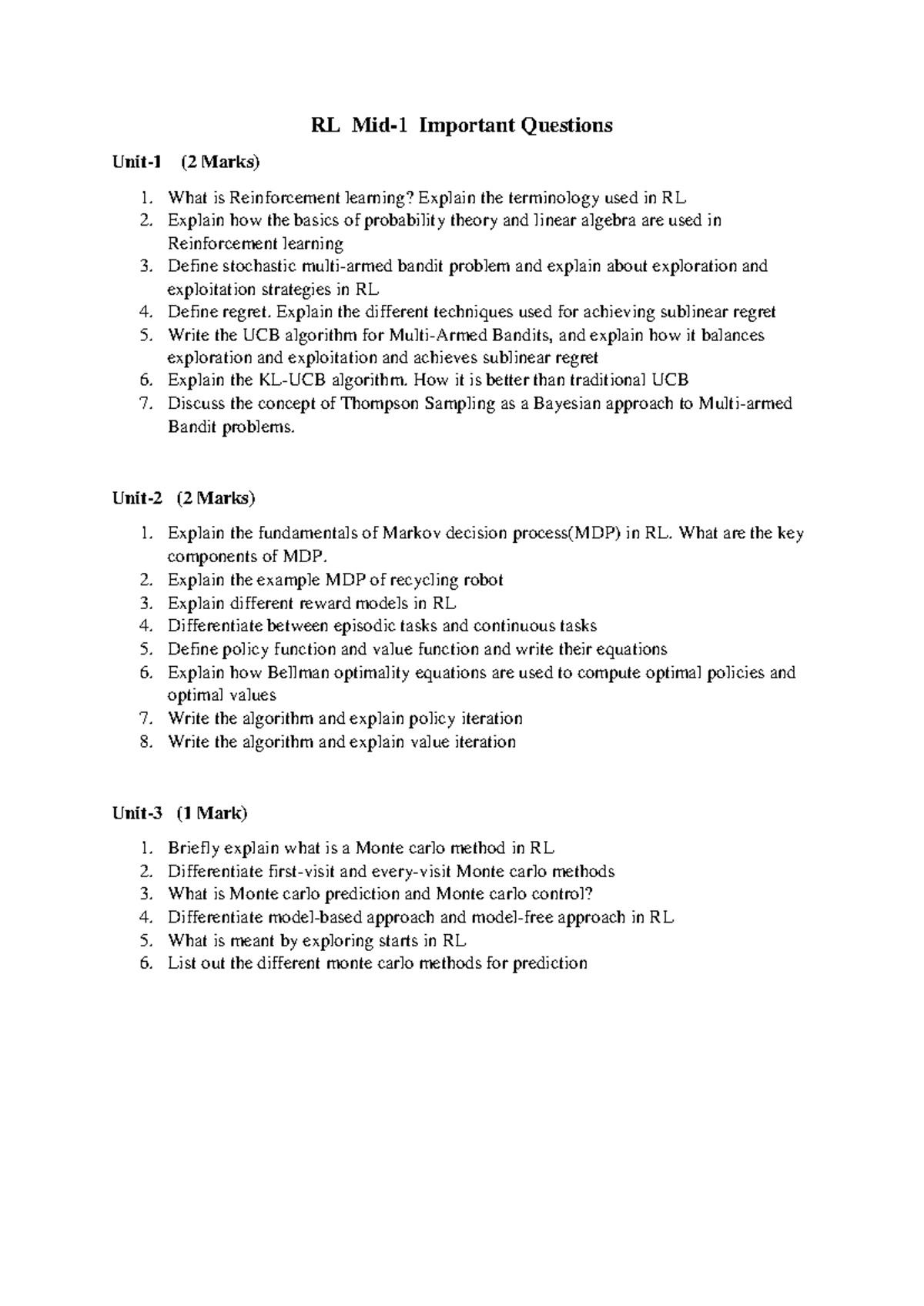 RL Midterm Important Questions - Key Concepts and Algorithms - Studocu