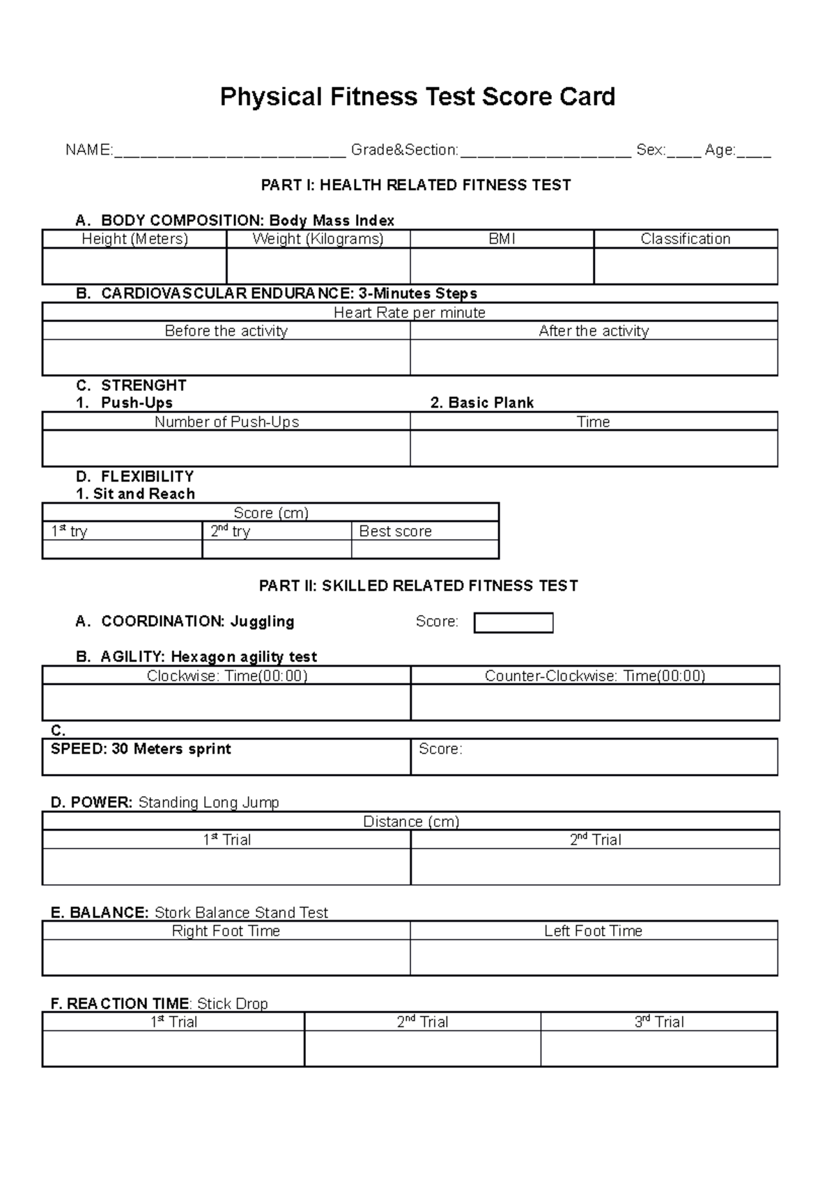 Physical Fitness Test Score Card - Physical Fitness Test Score Card ...