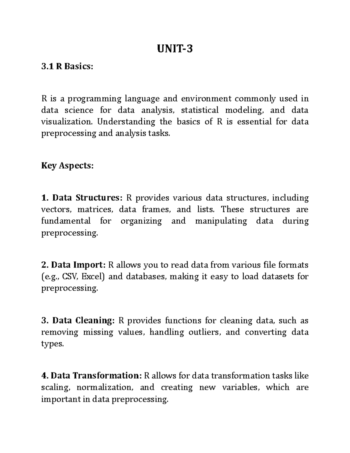 UNIT-3: Data Science Basics with R - Key Concepts and Techniques - Studocu