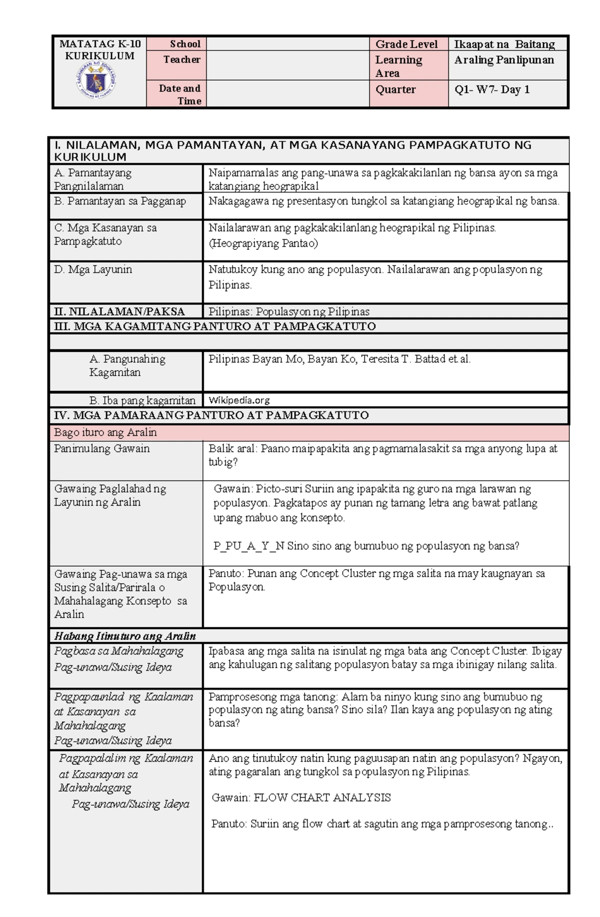 DLP- Grade 4 -AP-Q1 - Araling Panlipunan Lesson Plans on Philippines ...