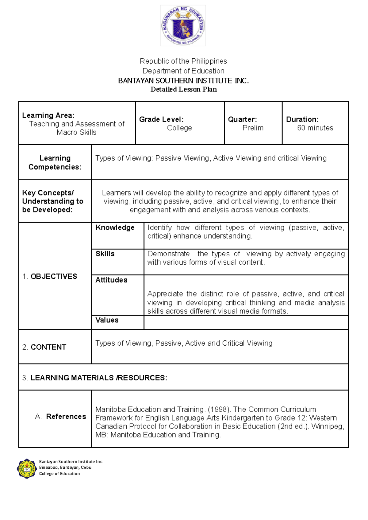 Detailed Lesson Plan on Types of Viewing: Passive, Active, Critical ...