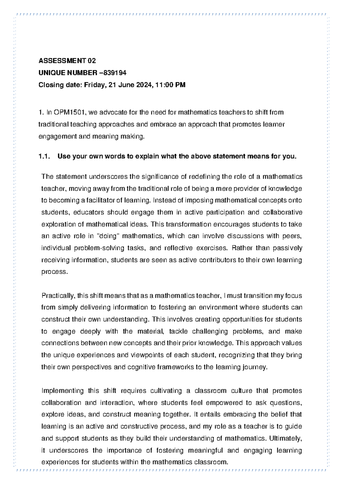 OPM1501 Assignment 2 Reflection on Teaching Approaches - Studocu