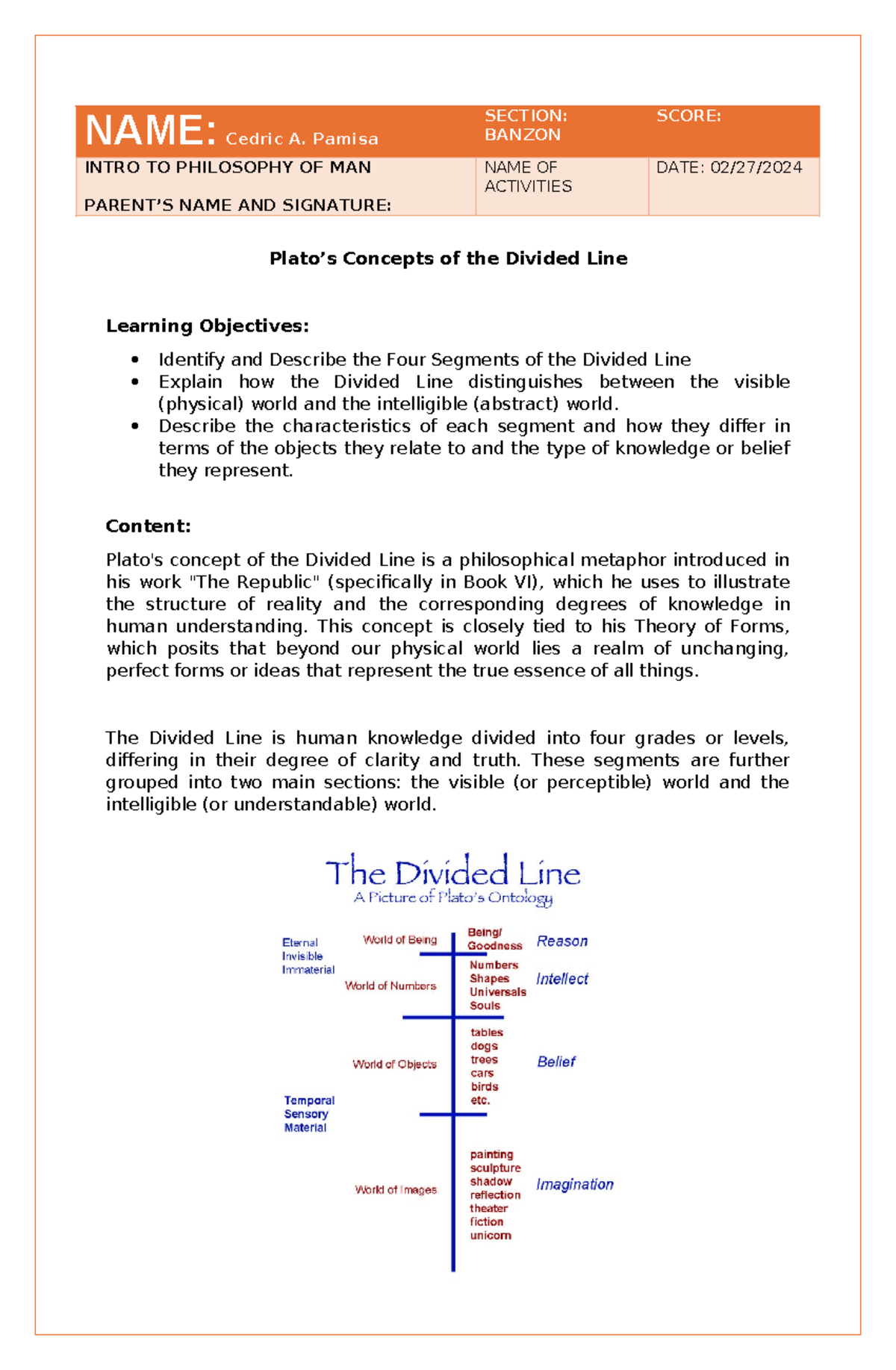 PHI101 Final Exam Notes: Plato's Divided Line Explained - Studocu