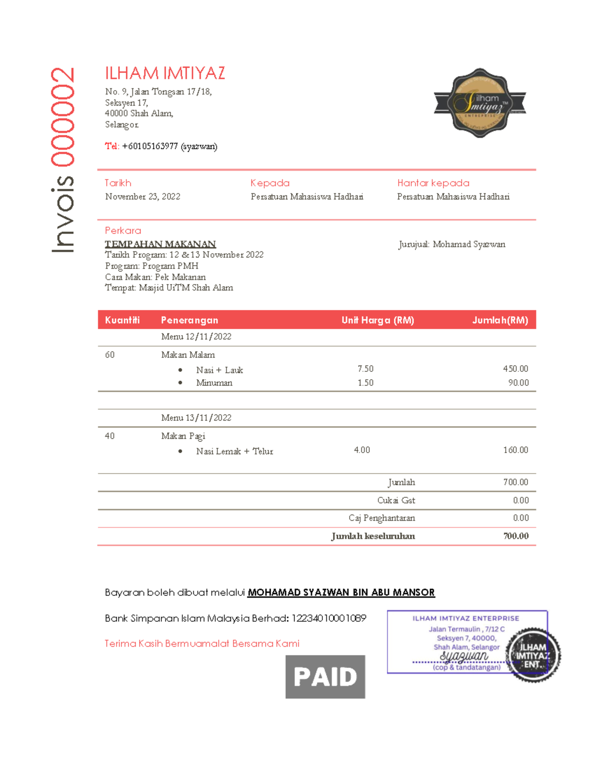 Invois Resit Bayaran Program PMH Event 2 - 23 Nov 2022 - Studocu