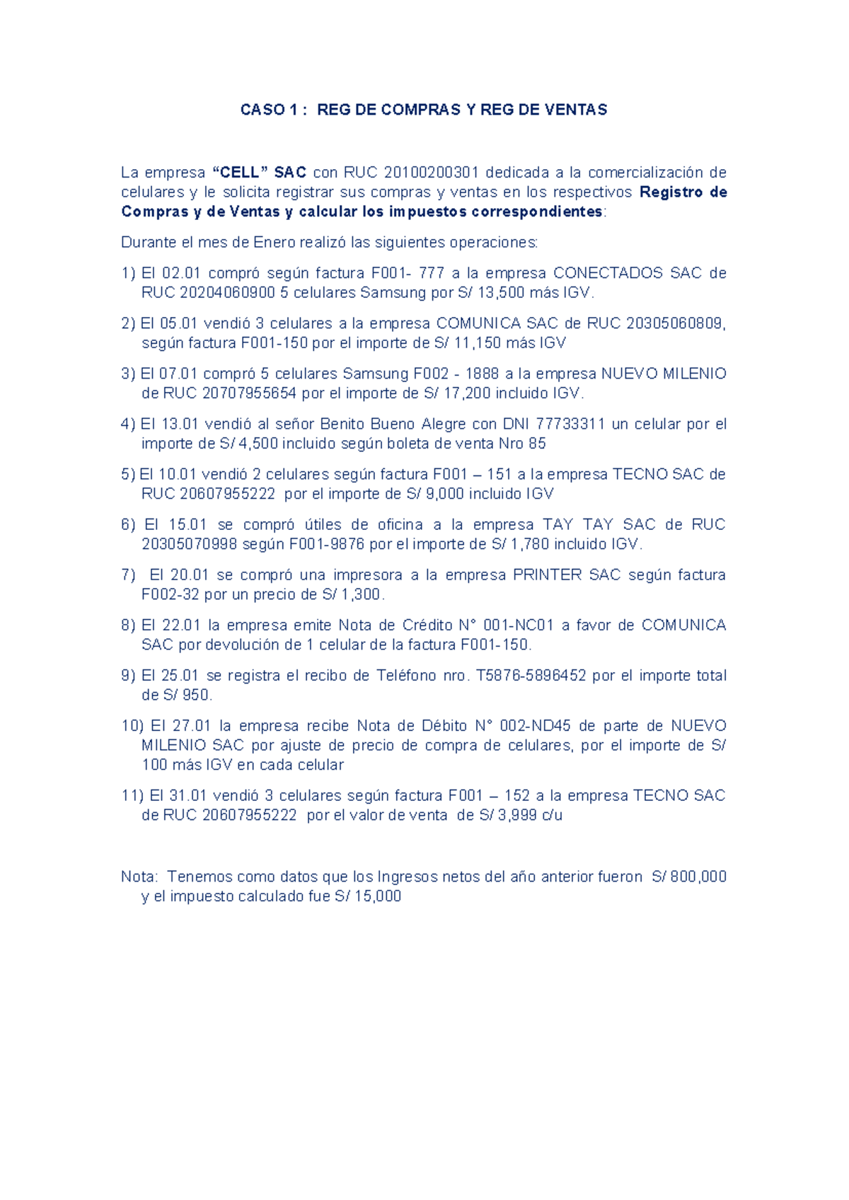 CASO 1: Registro de Compras y Ventas - CELL SAC (S3 Ejerc RC y RV) - Studocu