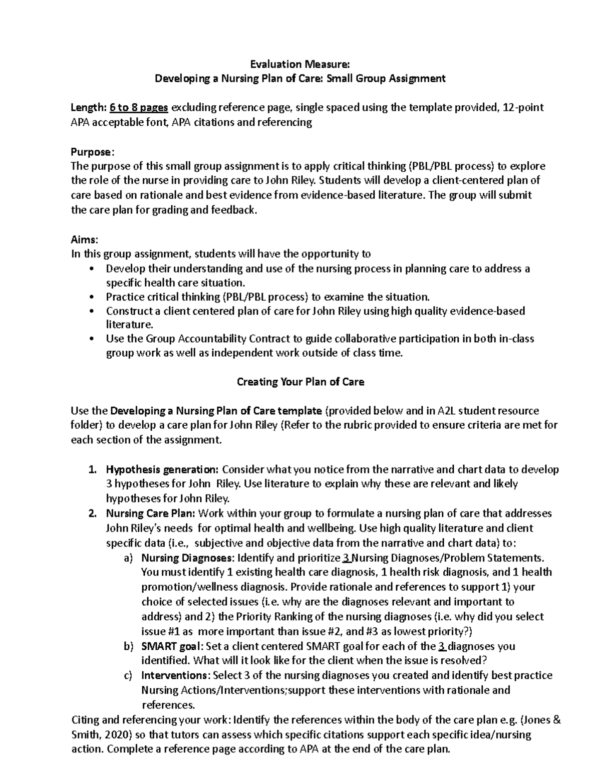 Nursing Care Plan for John Riley: Small Group Assignment (NURS 101 ...