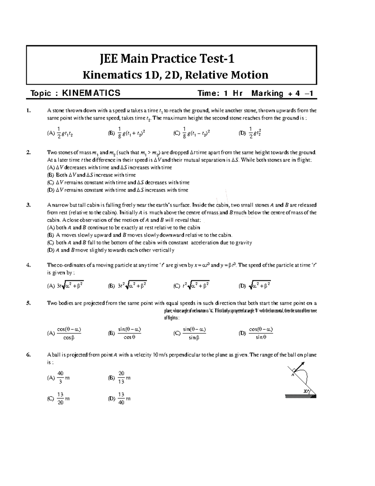 Kinematics 1D & 2D - JEE Main Practice Test Notes - Studocu