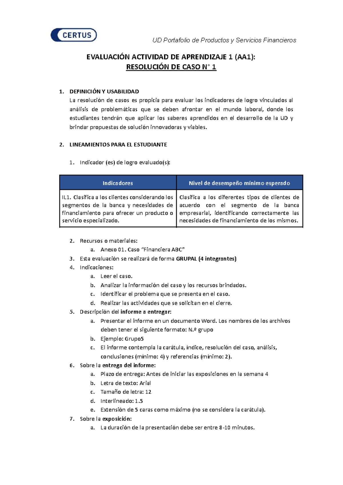Lineamientos de Evaluación AA1: Resolución de Caso en UD de Productos y ...