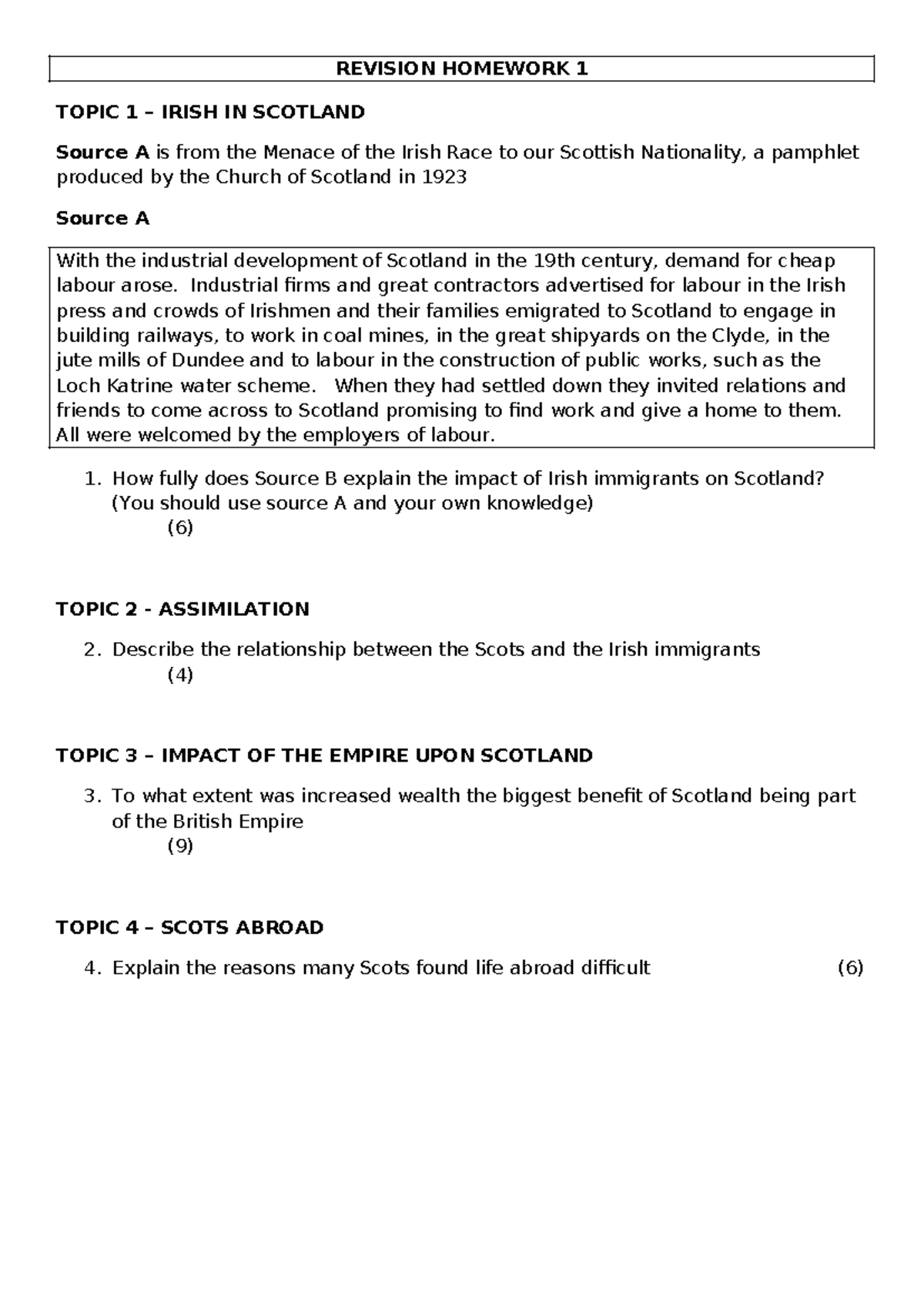 Migration and Empire 1 - History - REVISION HOMEWORK 1 TOPIC 1 – IRISH ...