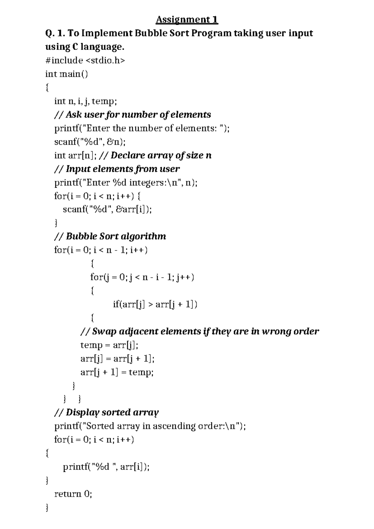 C Programming: Assignment 1 - Bubble, Selection, and Quick Sort - Studocu