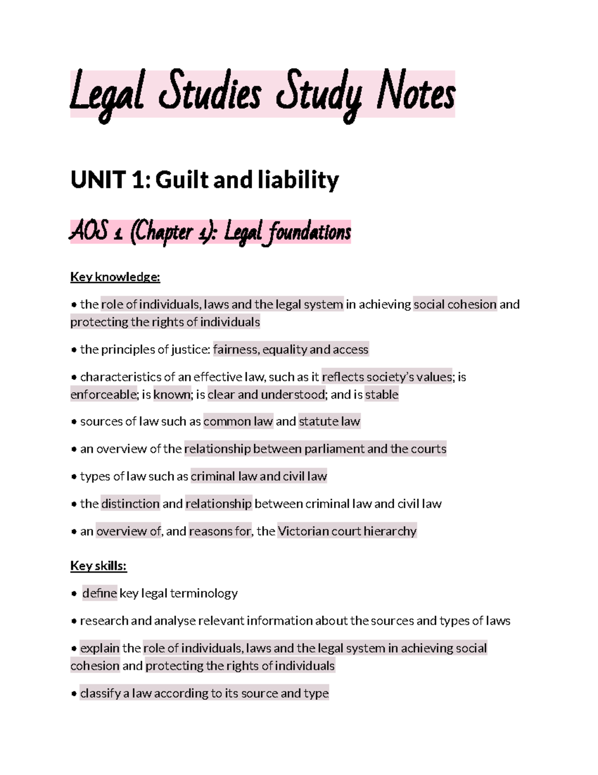 ATAR Legal Studies Unit 1 - AOS 1 Study Notes on Law Foundations - Studocu