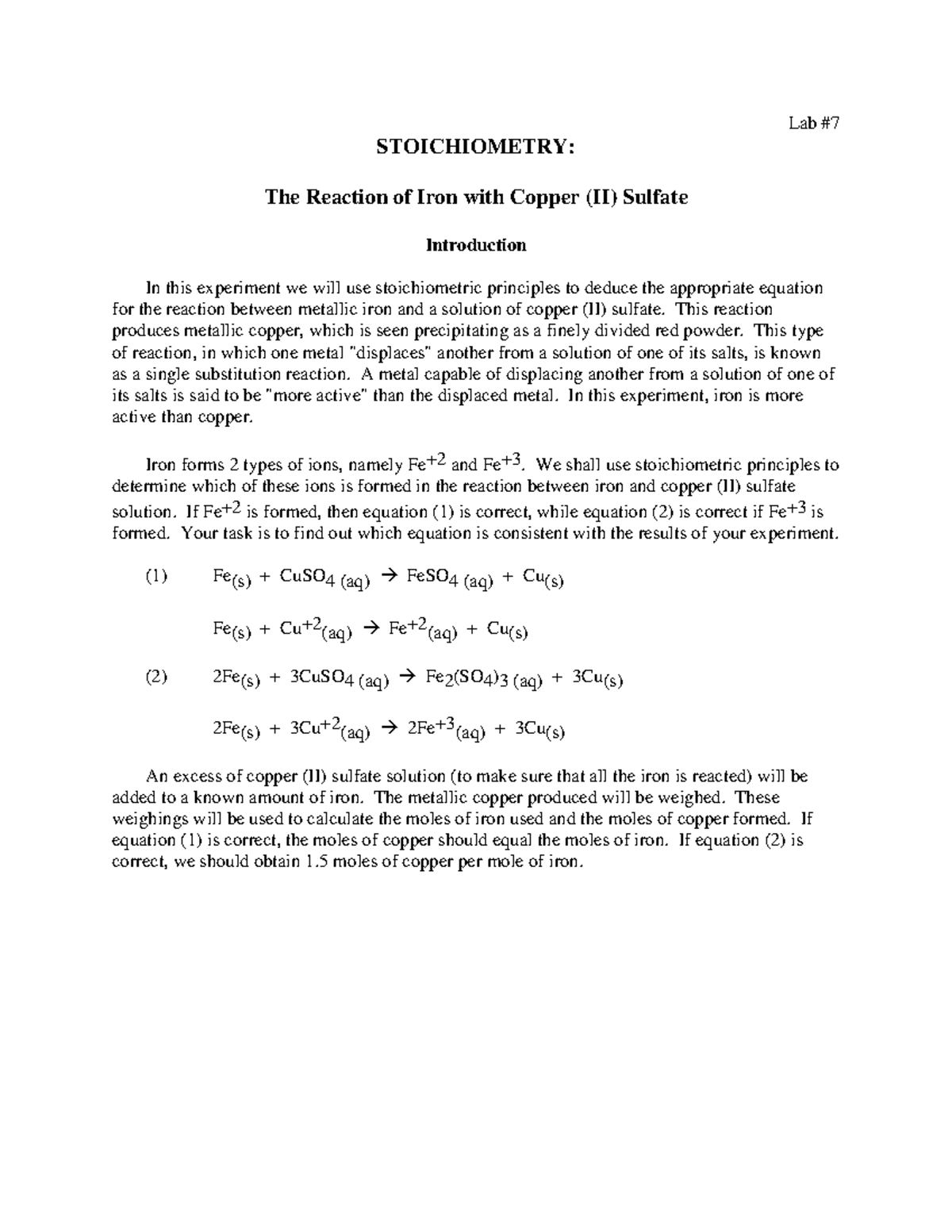 Stoichiometry Lab Report: Reaction of Iron with Cu(II) Sulfate (Chem ...