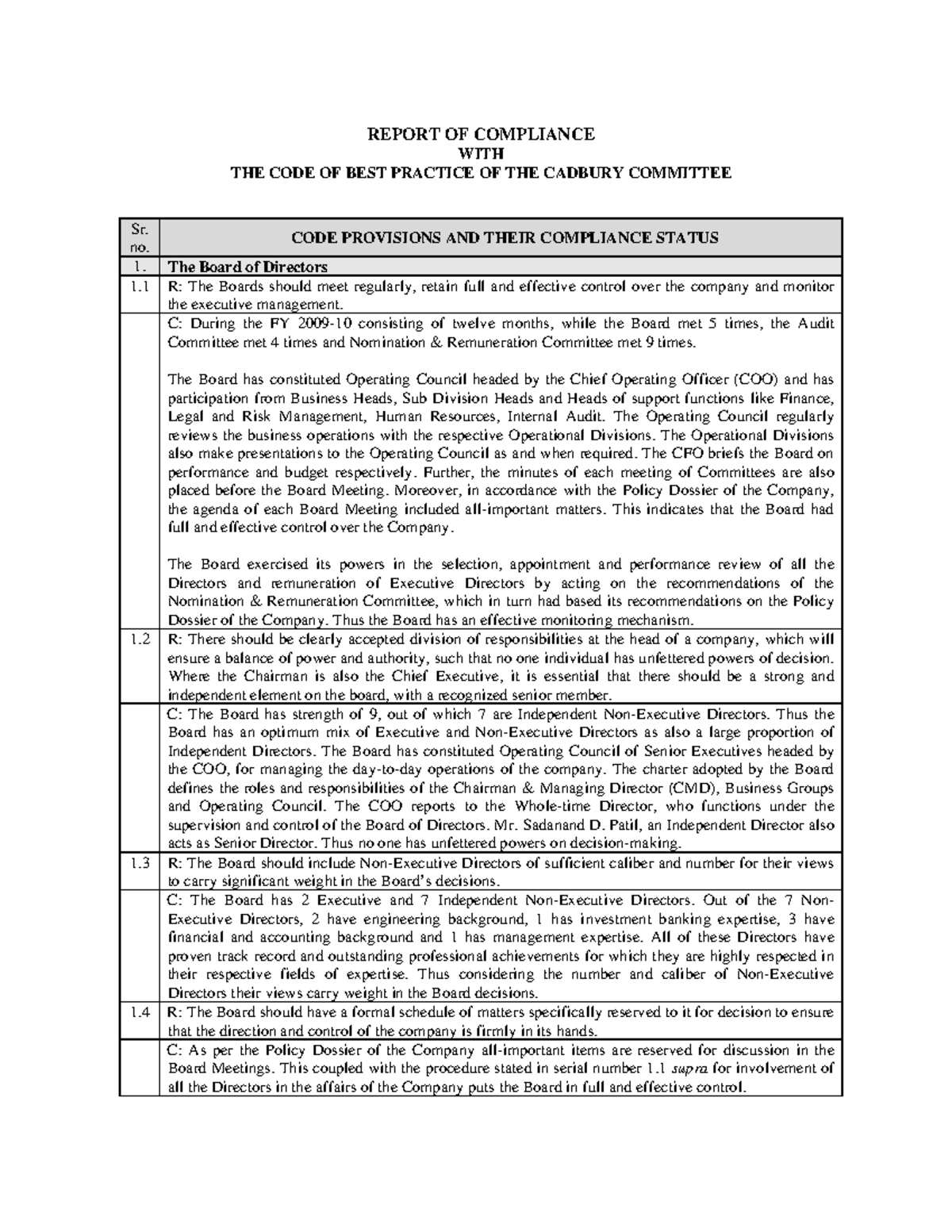Cadbury Committee Compliance Report - 2009-10 Assessment - Studocu