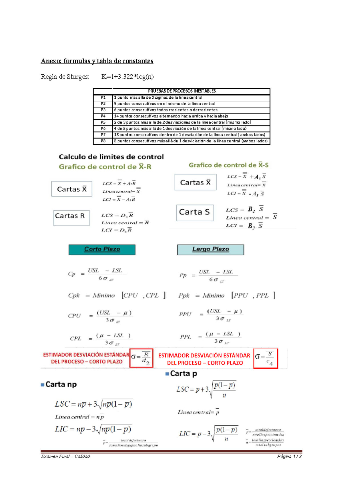 Final Exam: Fórmulas y Tabla de Constantes - Calidad - Studocu