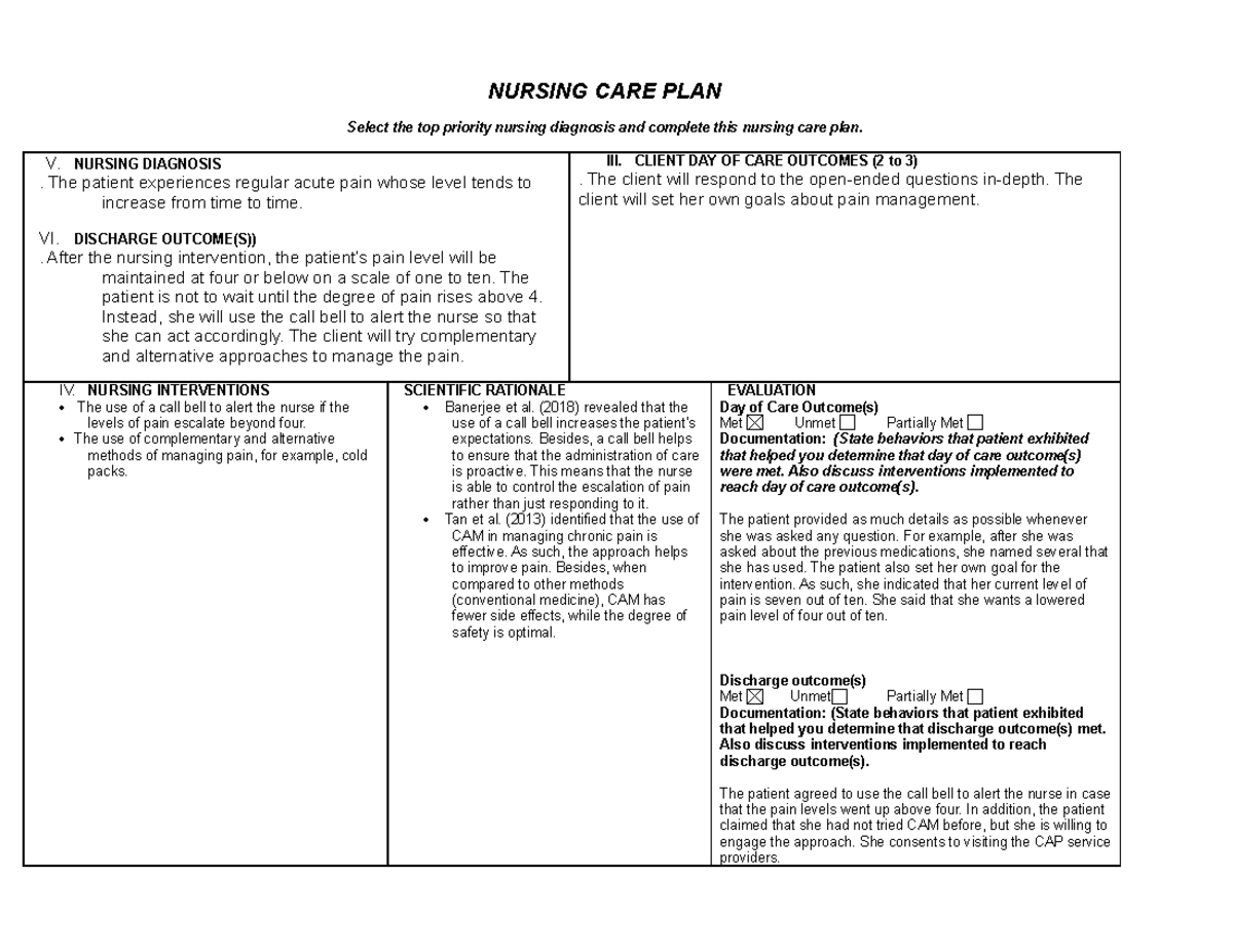 Acute Pain Nursing Care Plan Nursing Care Plan Examples