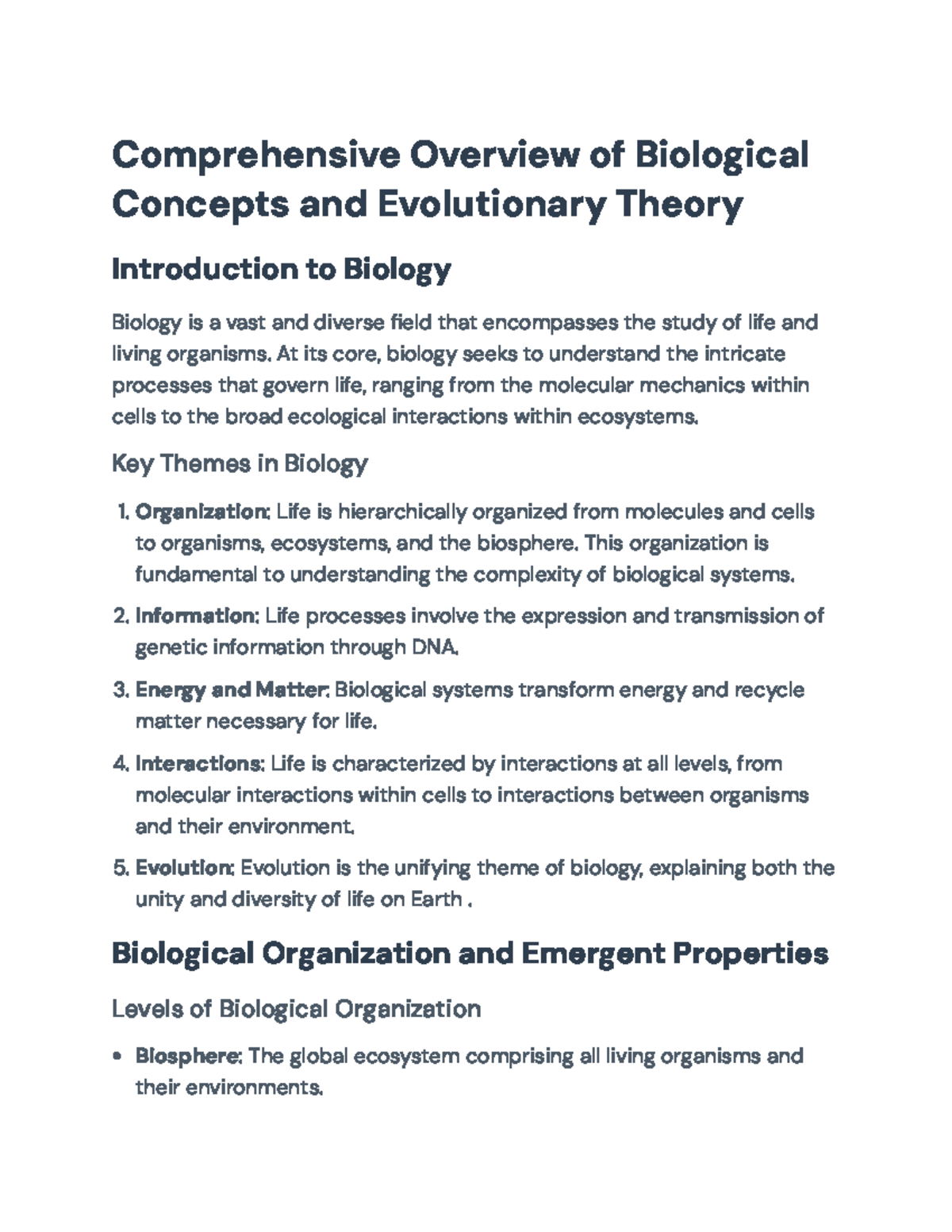 Comprehensive Overview of Biological Concepts and Evolutionary Theory ...