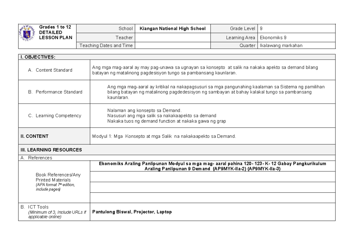 Detailed Lesson Plan for Ekonomiks 9: Demand Concepts and Practices ...