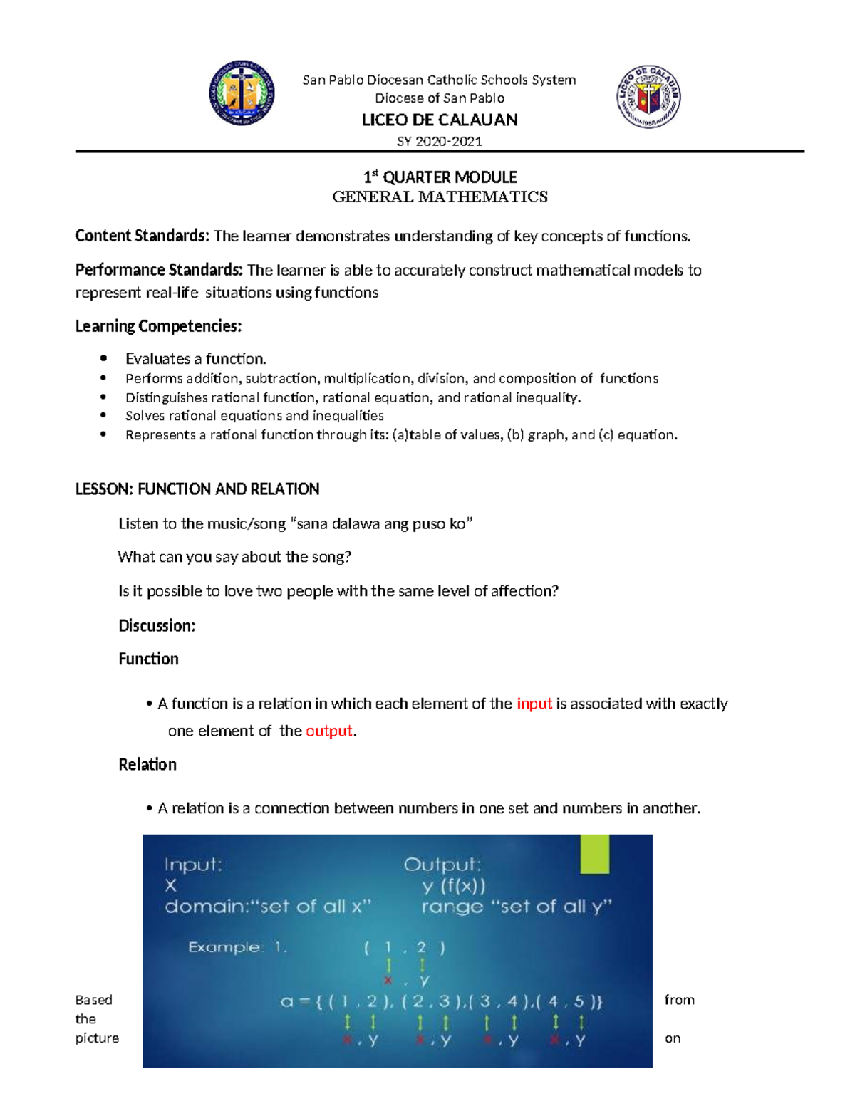 LICEO DE CALAUAN G11 1st Quarter Module: Functions & Relations - Studocu