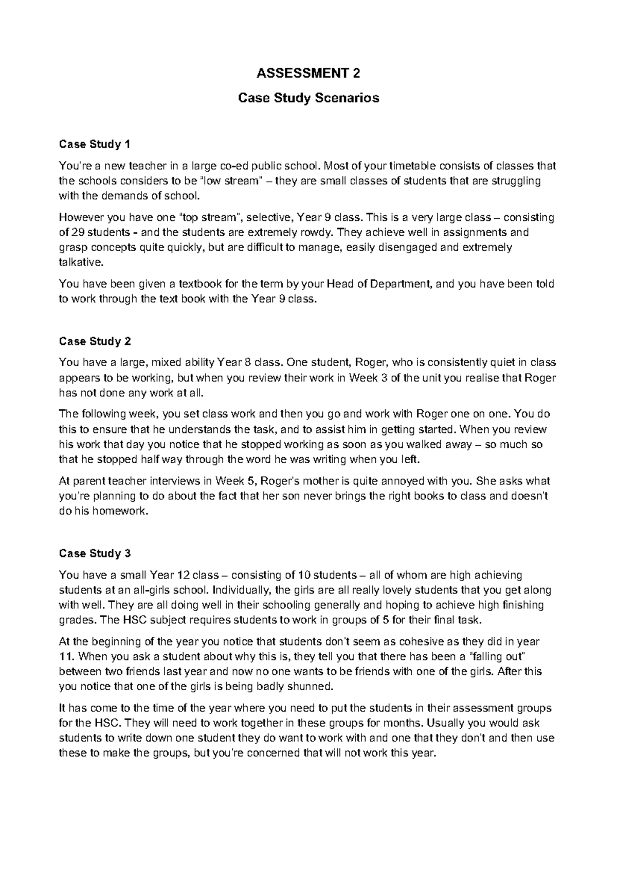 Case Study Scenarios for Education Assessment 2 - Studocu