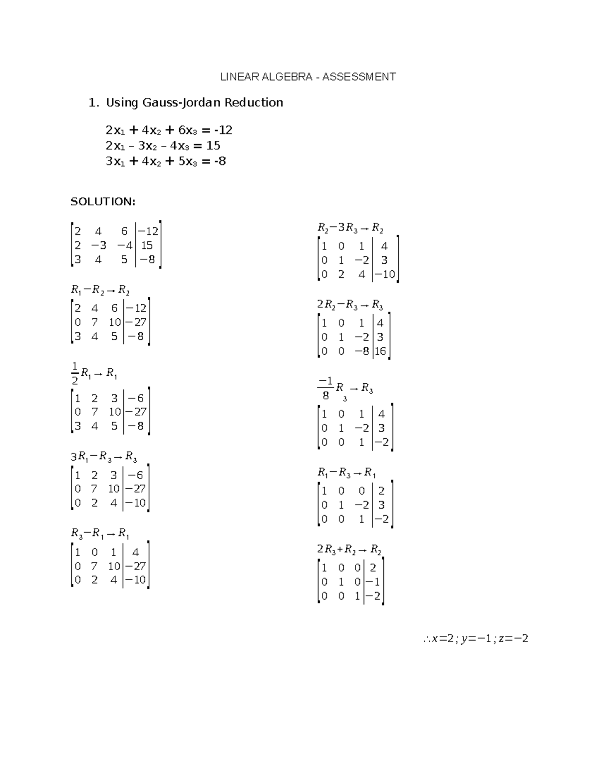Linear Algebra 11 - Assessment 1 Solutions and Practice - Studocu