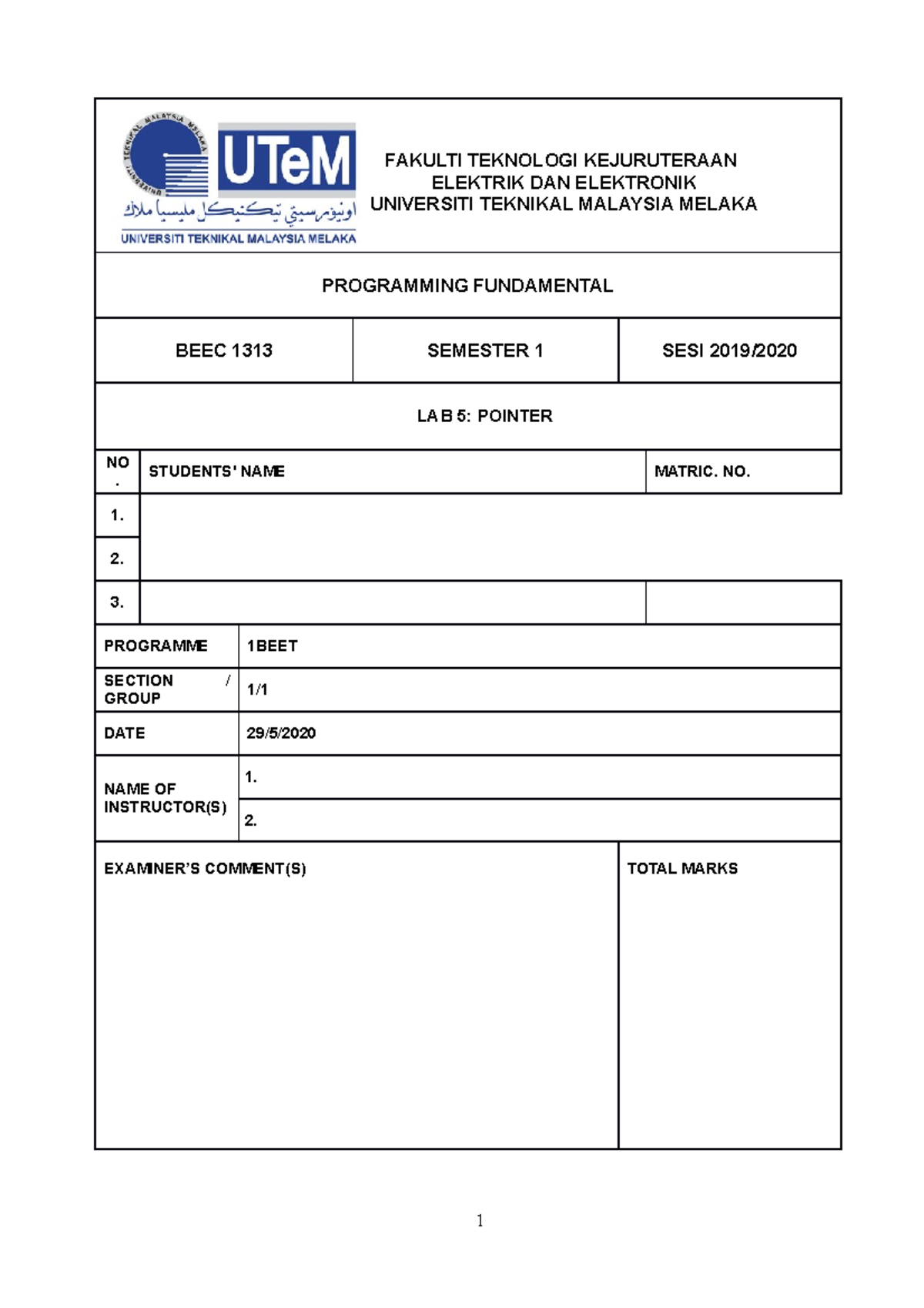LAB 5: POINTER for programming - PROGRAMMING FUNDAMENTAL BEEC 1313 SEMESTER 1 SESI 2019/ LAB 5 ...