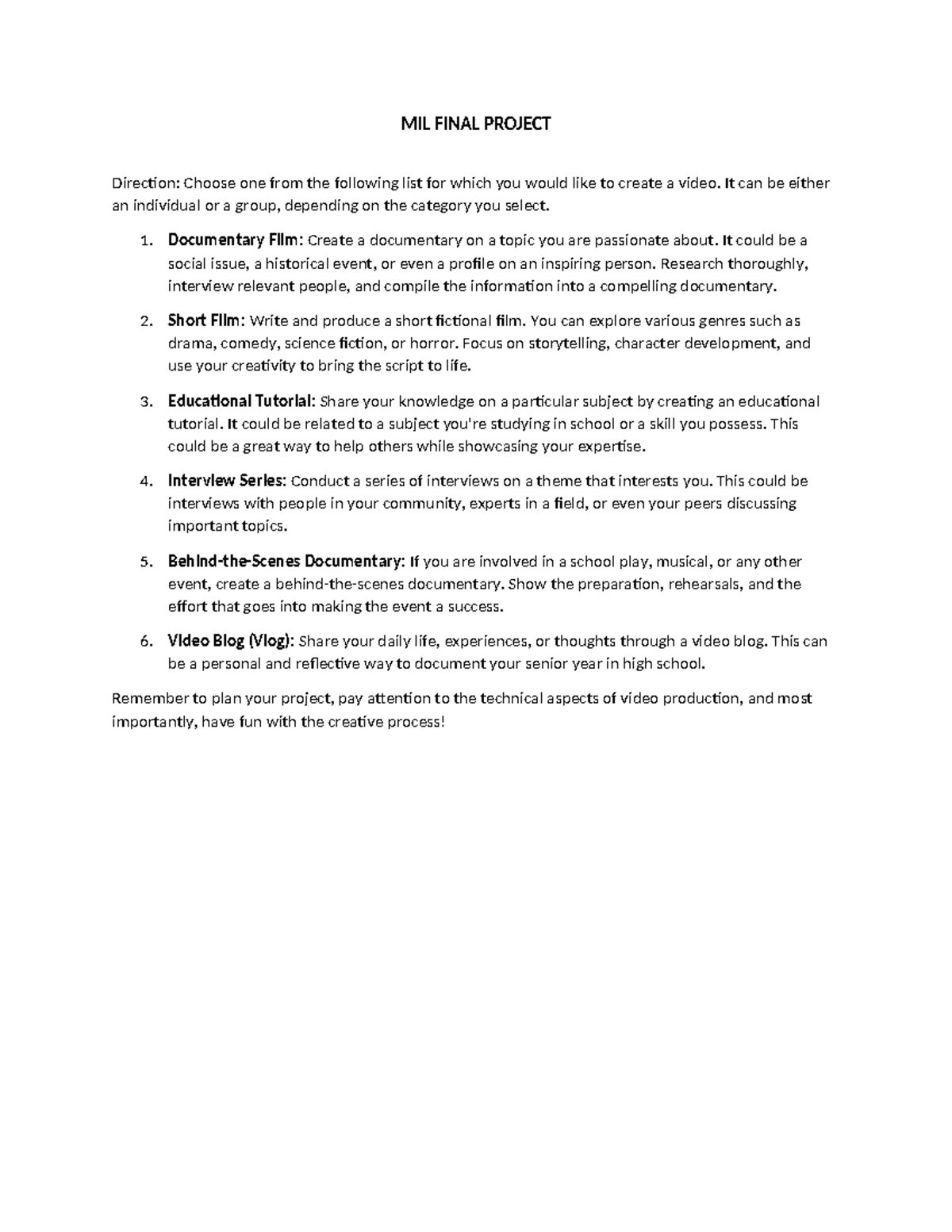 MIL Final Project Guidelines for Video Creation - Studocu