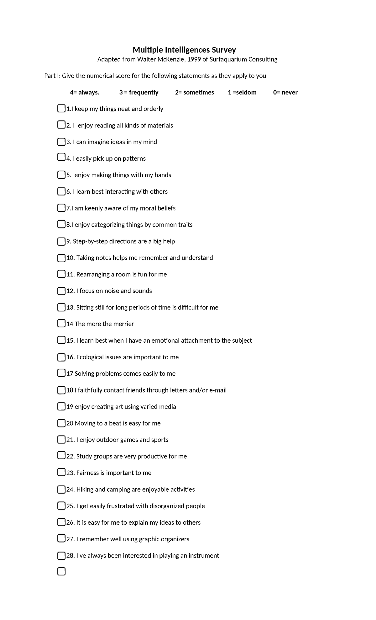Multiple Intelligences Survey Results for Class Analysis - Studocu