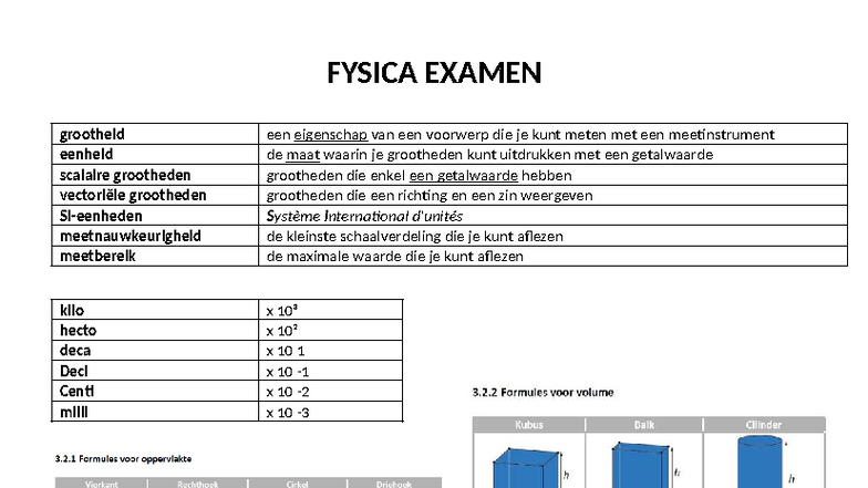 FYSICA EXAMEN: Grootheden, Eenheden en Druk in Vloeistoffen - Studocu