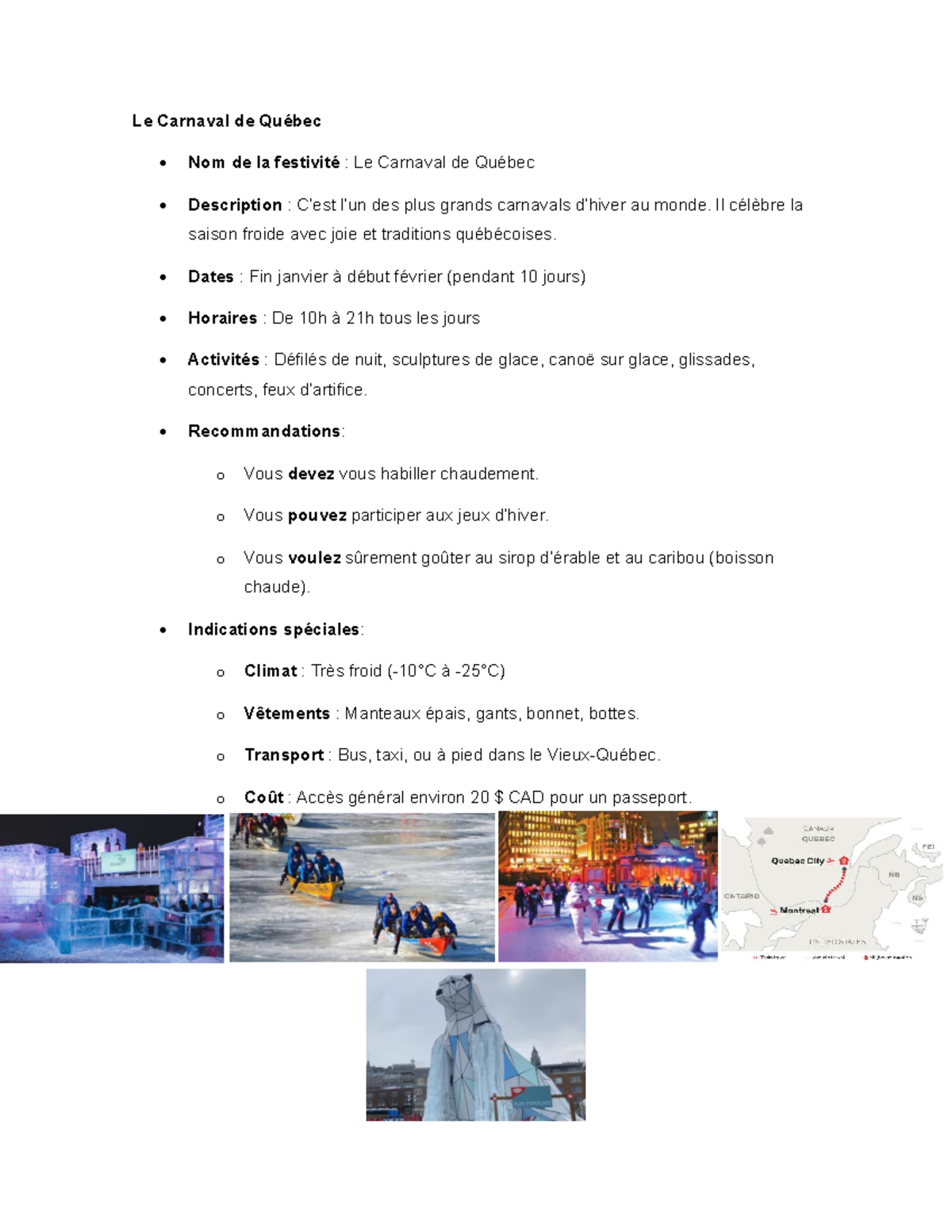 Le Carnaval de Québec - Guide des Activités et Recommandations - Studocu