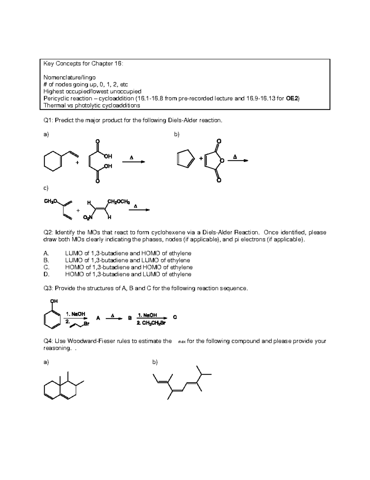 Chem 101: Chapter 16 Worksheet on Pericyclic Reactions & MO Theory ...