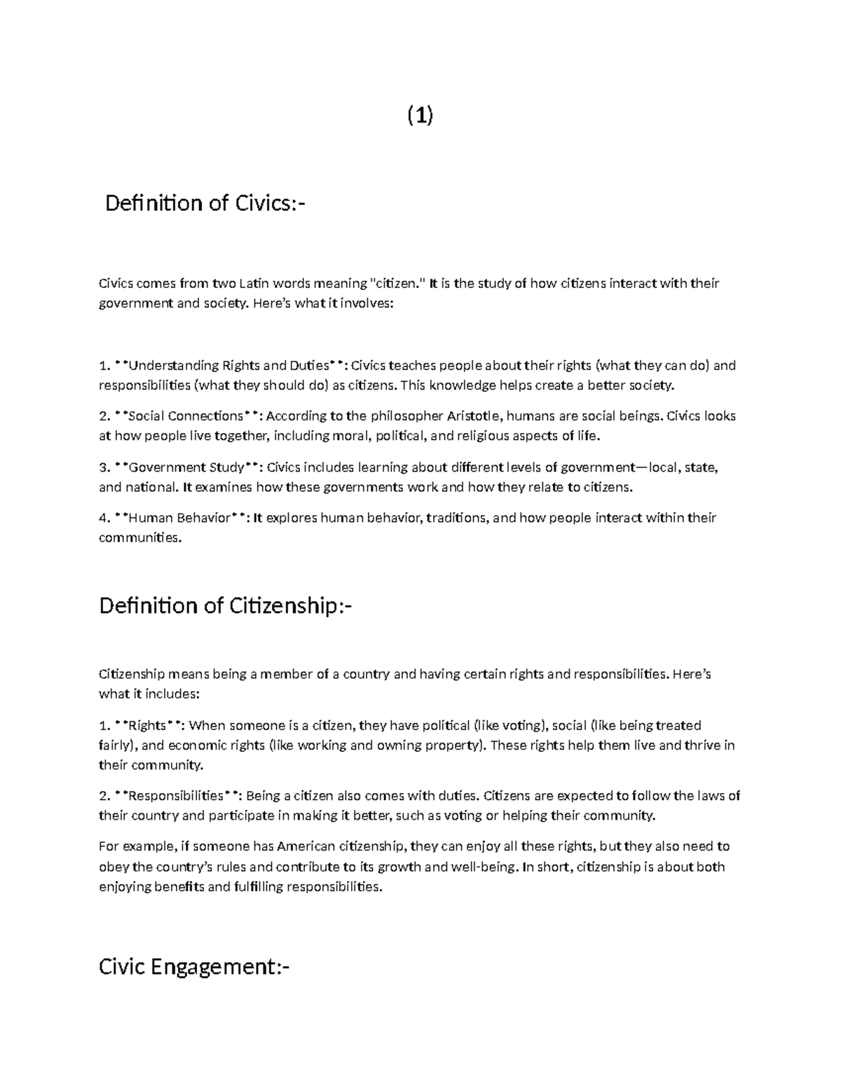 Easy - assa sd - (1) Definition of Civics:- Civics comes from two Latin ...