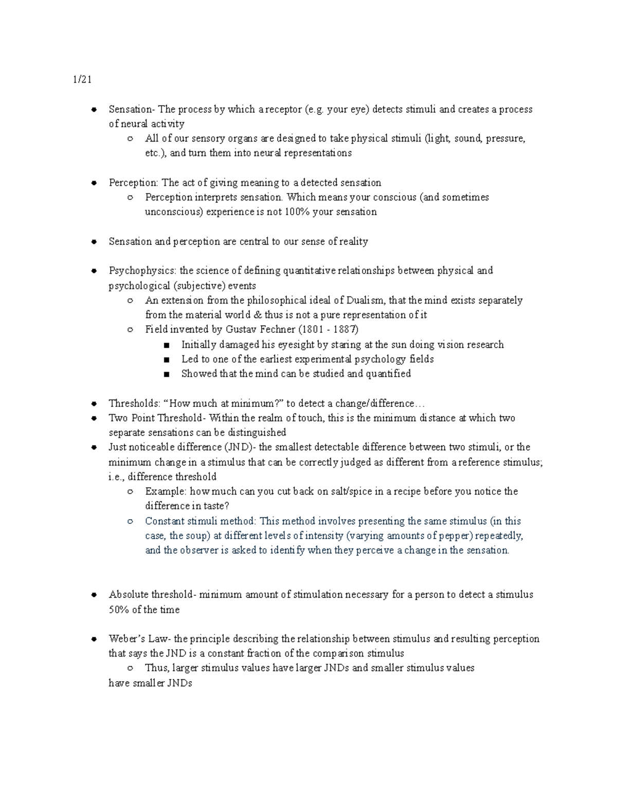 Perception and Sensation: Lecture Notes for PSY 101 - Studocu