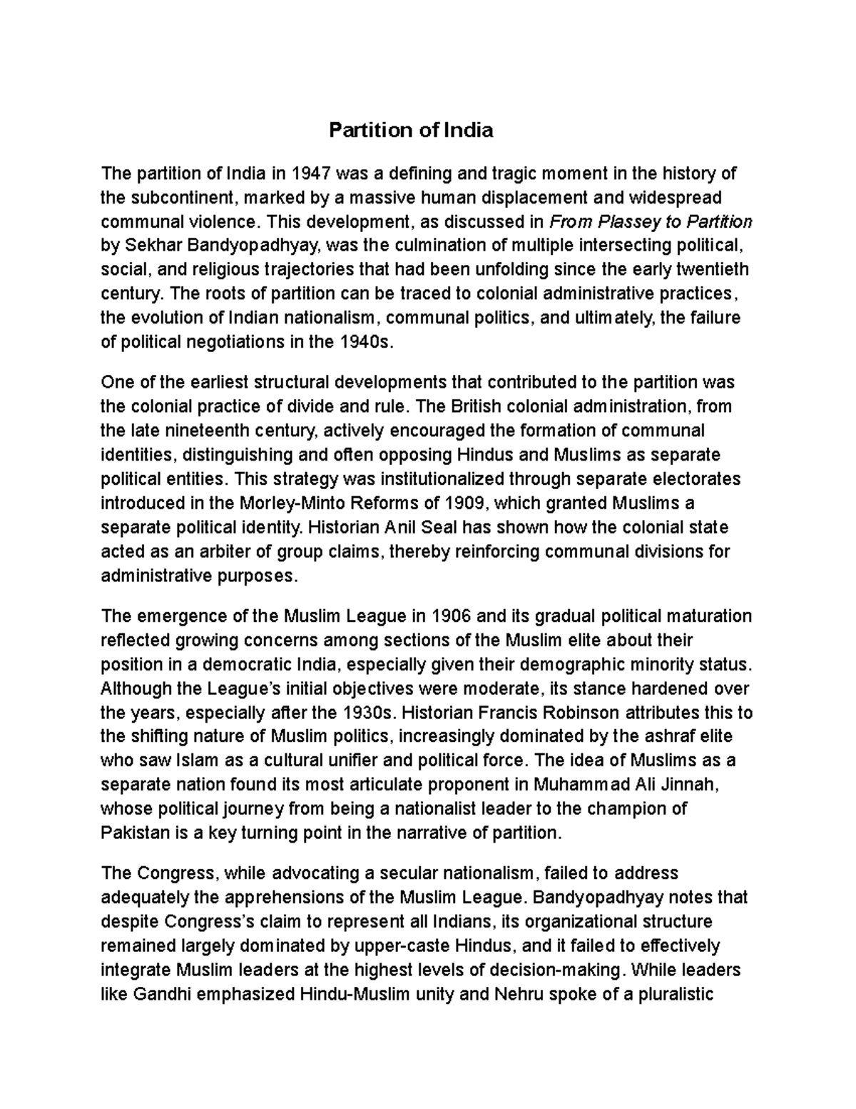 Partition of India: Historical Context and Consequences (HIST 101 ...