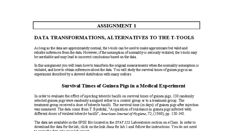 Asg1 STAT 252 - Data Transformations & Survival Analysis of Guinea Pigs ...
