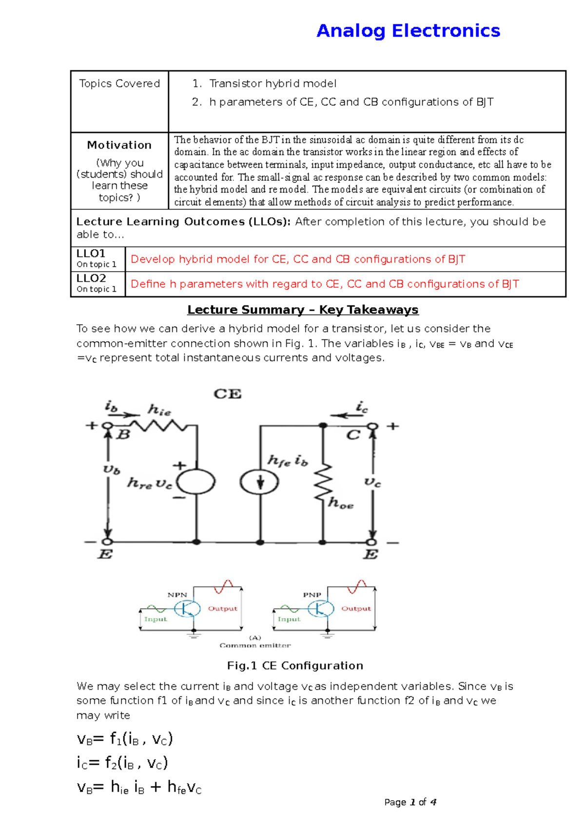 BJT Transistor Hybrid Model Analysis (CE, CC, CB Configurations) - Studocu