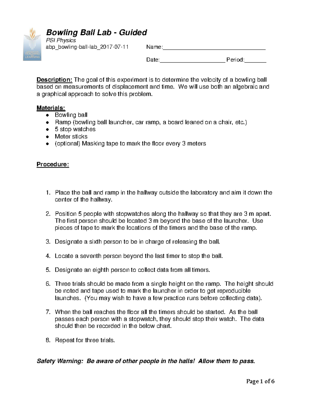 PSI Physics Lab Report: Bowling Ball Ramp Experiment Guide - Studocu