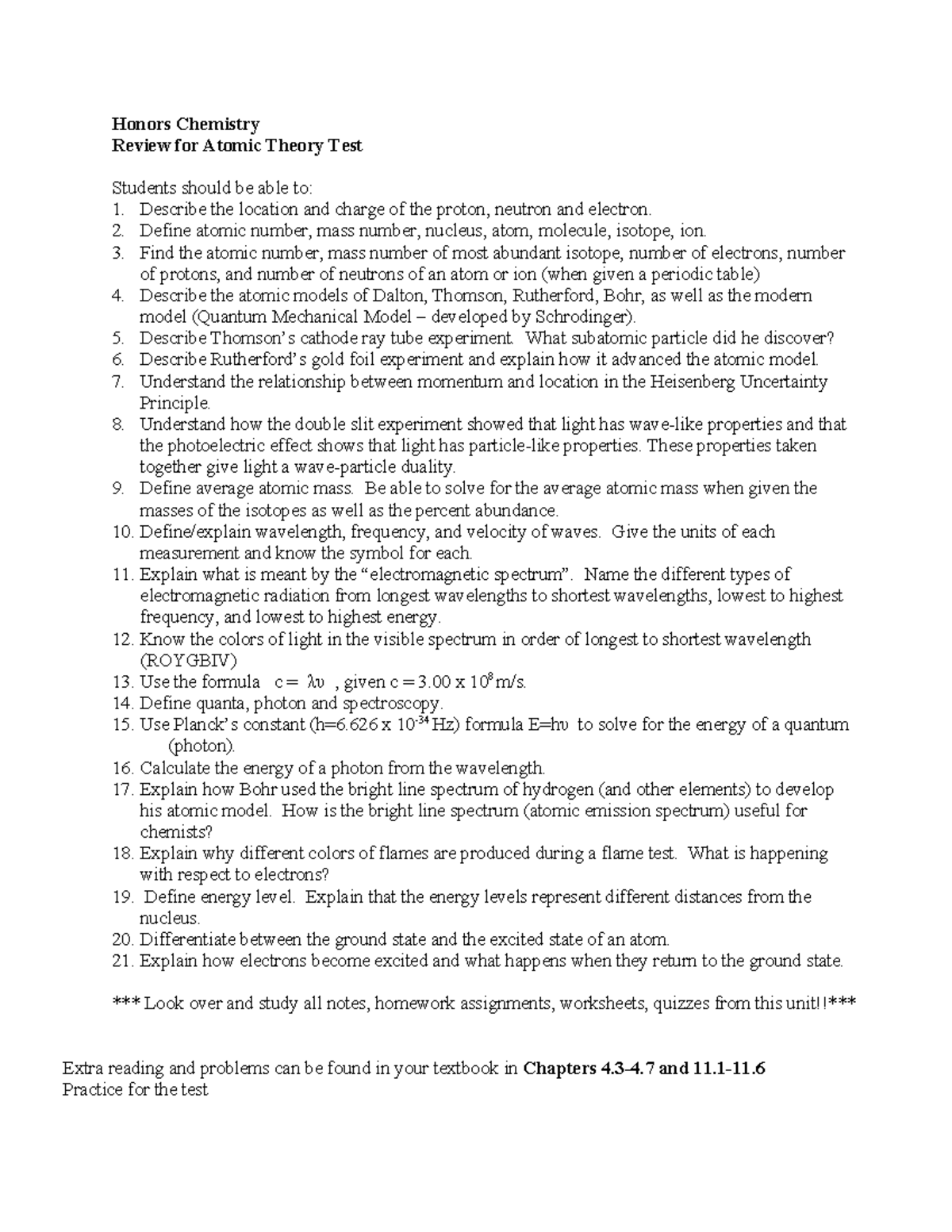 Honors Chemistry (CHEM101) Atomic Theory Test Review Guide - Studocu