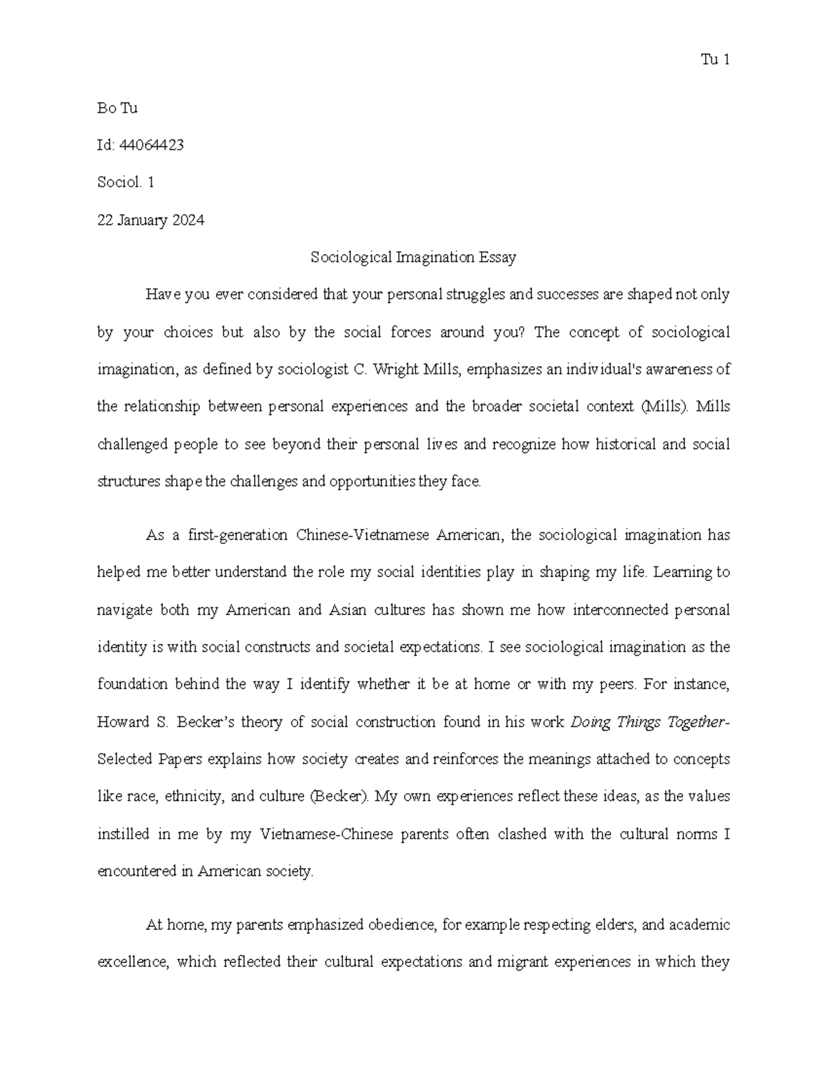 Sociol Imagination Essay - Tu 1 Bo Tu Id: 44064423 Sociol. 1 22 January ...