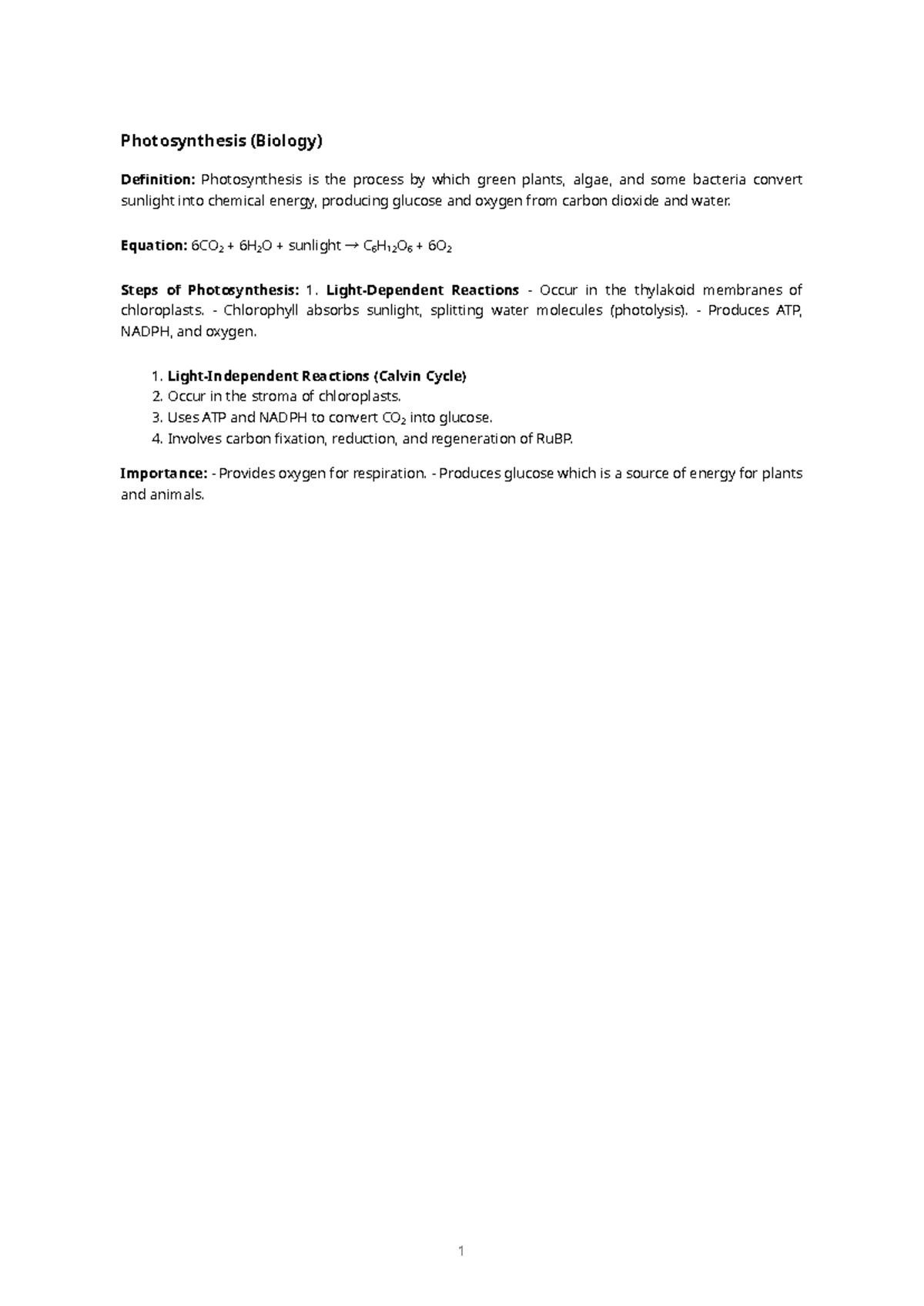 Photosynthesis Notes (Biology) - Process, Steps, and Importance - Studocu
