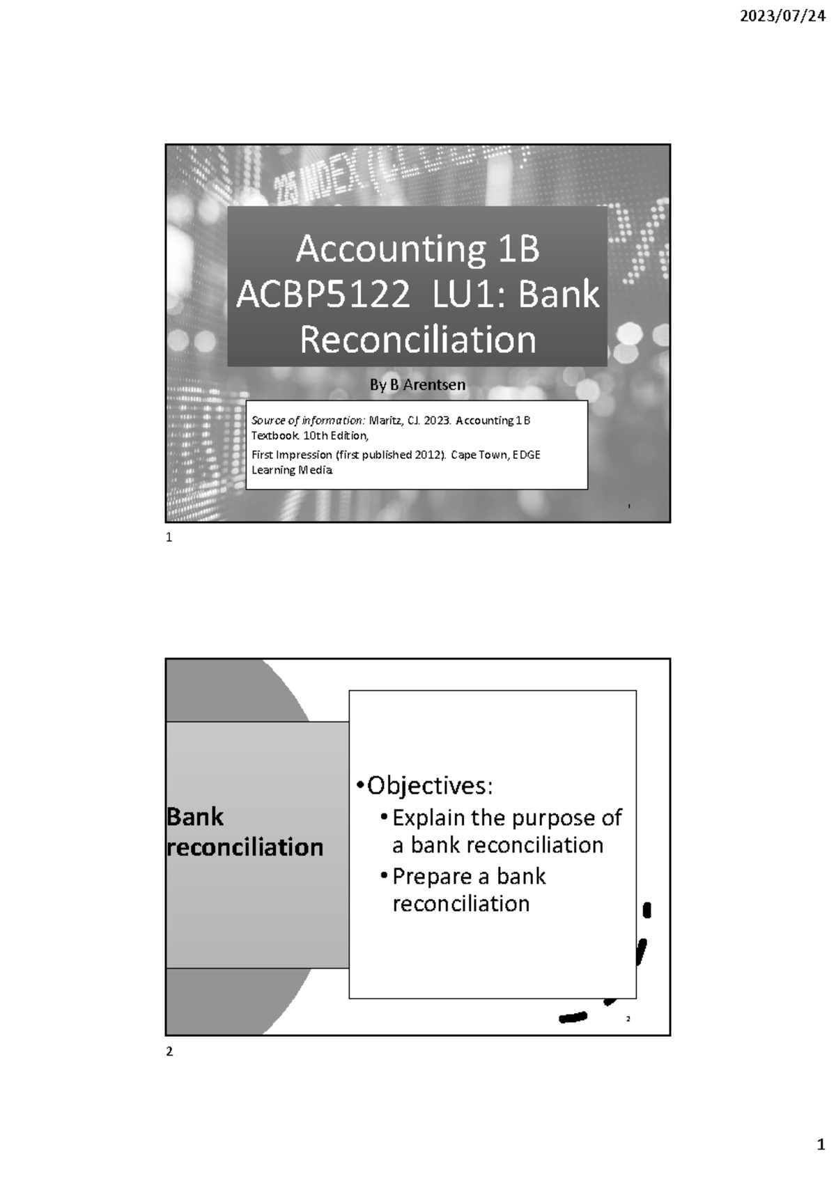ACBP5122 LU1: Bank Reconciliation Notes and Study Guide 2023 - Studocu